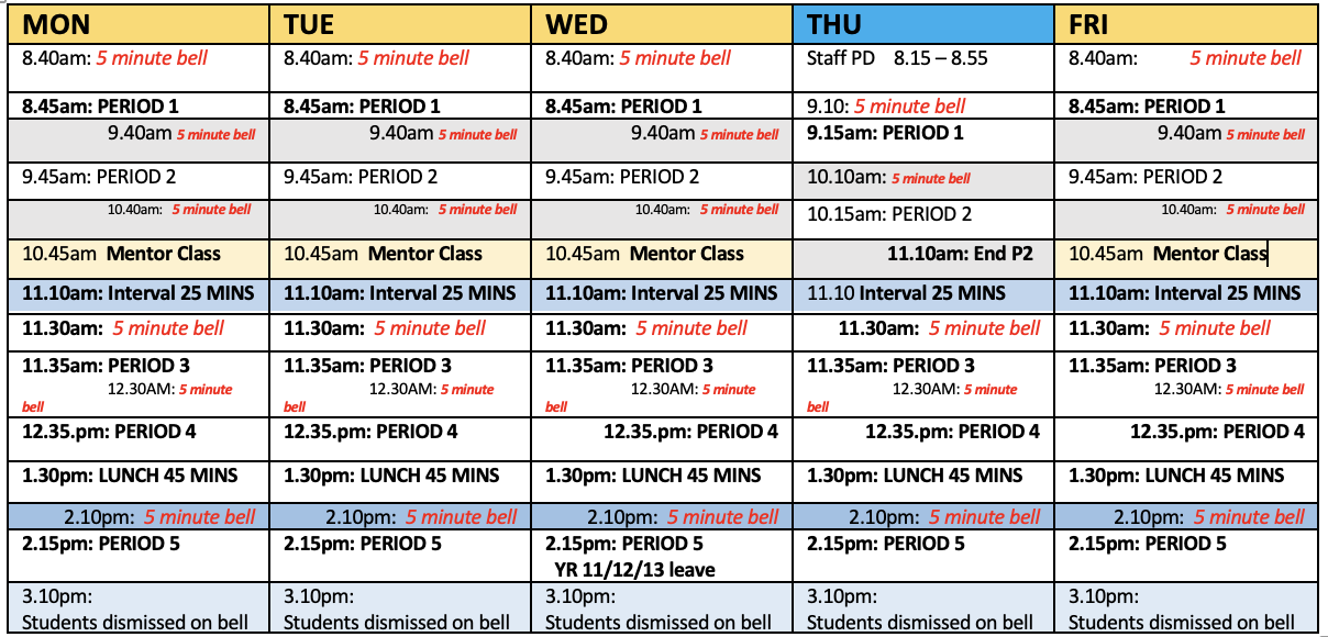 School Daily Timetable - Mount Albert Grammar School